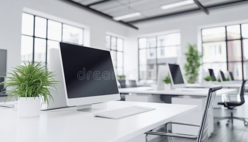 Modern, Bright Open Plan Office Space with Desks, Computers, and Natural Light., 85 Characters ...