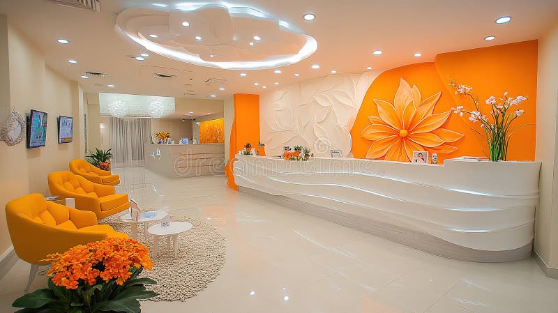 Modern, Bright Reception Area with Orange Accents Stock Illustration ...