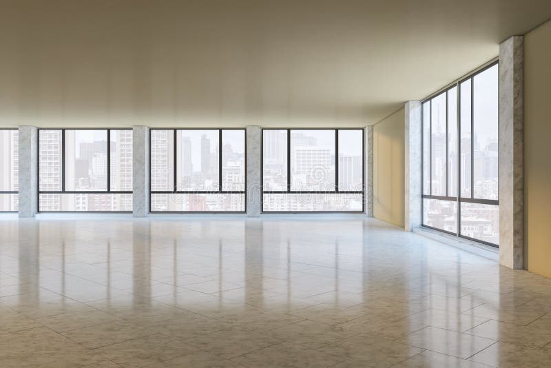 Modern Bright Room Interior with Panoramic Windows, Reflections and ...