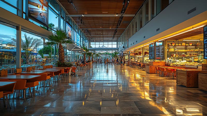 Modern Bright Spacious Food Court Interior with Seating, Palm Trees ...