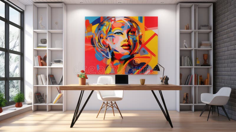 Modern Bright Work Room Interiors with Art Wallpaper Stock Illustration ...