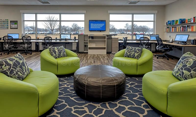 Modern, Bright Workspace with Comfortable Seating and Large Windows ...