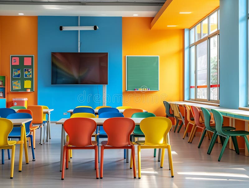 A Modern, Brightly Colored Classroom with Colorful Chairs, Large ...