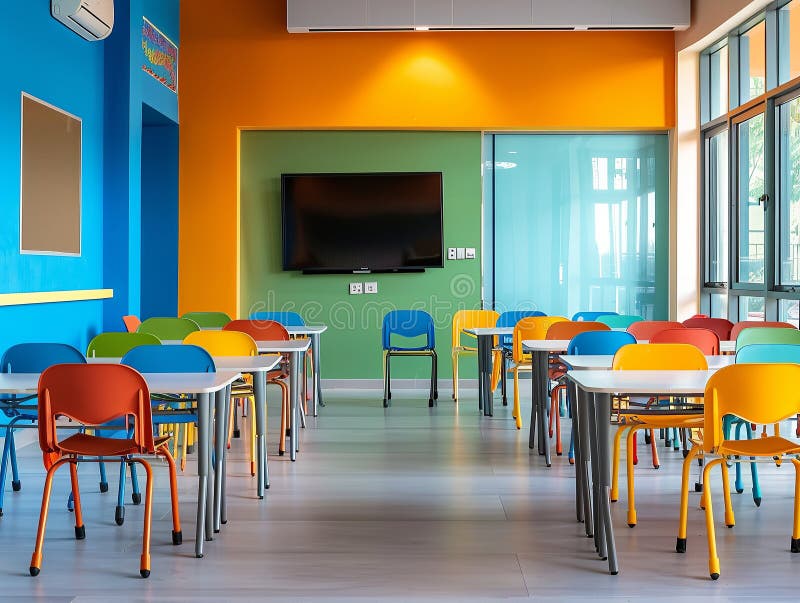A Modern, Brightly Colored Classroom with Colorful Chairs, Large ...