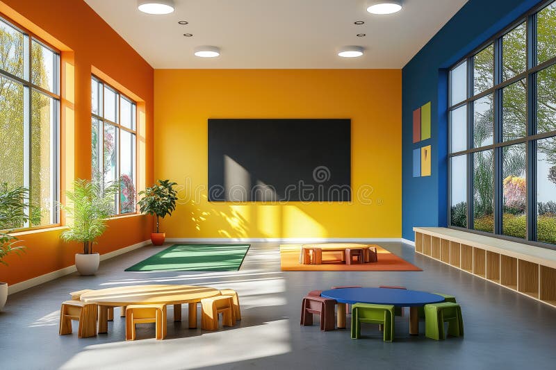 Modern Brightly Colored Kindergarten Classroom with Natural Light and ...