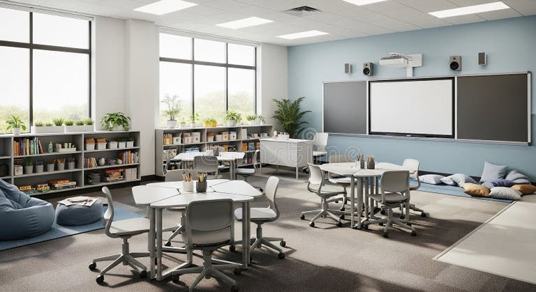 Modern, Brightly Lit Classroom with Modular Tables, Chairs, and a Smart ...