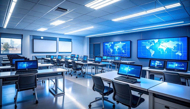 Modern, Brightly Lit Computer Lab with Numerous Workstations, La Stock ...