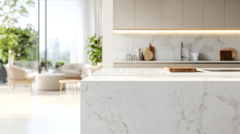 A Modern, Brightly Lit Kitchen Featuring a Stunning Marble Countertop ...