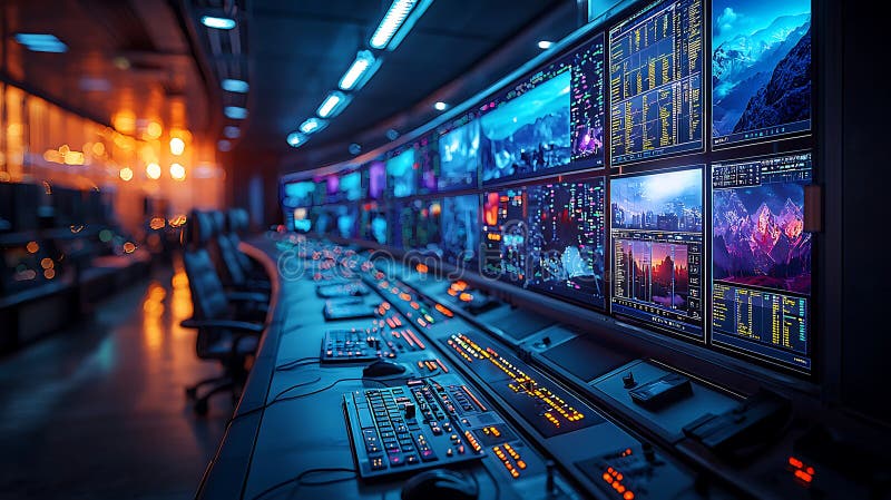 Modern Broadcast Control Room with Multiple Screens Displaying Data and ...