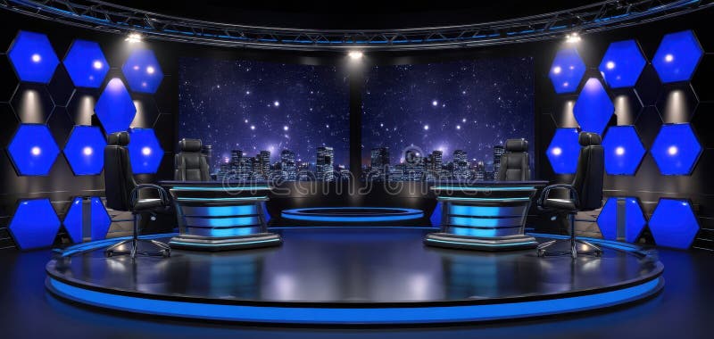 The Modern Broadcast Studio with Dynamic Blue Lighting and Sleek Design ...