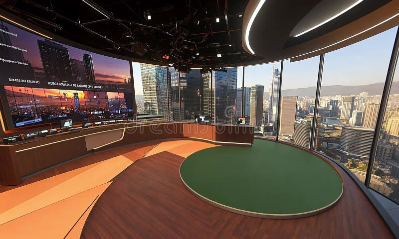 Modern Broadcast Studio with Panoramic City View, Featuring Advanced ...