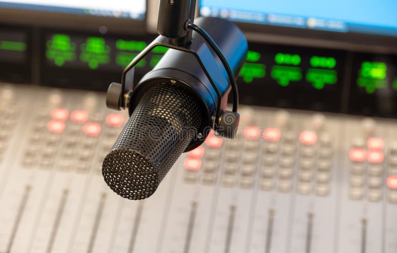 Modern Broadcasting Studio Microphone Over Audio Mixer Board Stock ...