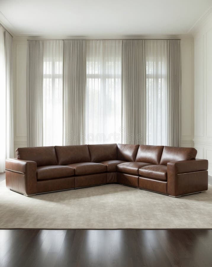 Modern Brown Leather Sectional Sofa in a Luxurious Living Room. Stock ...