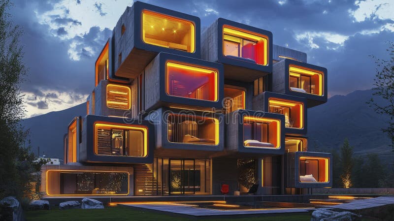 Modern Brutalist Architecture Design Scenic Mountains Nighttime ...