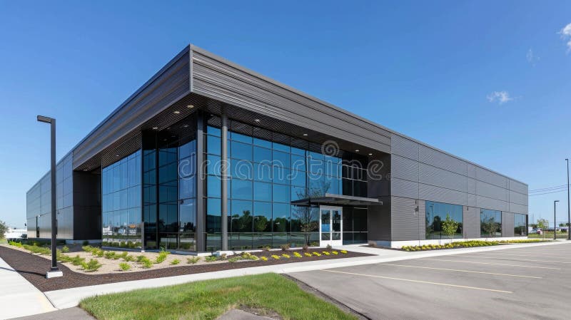 Modern Building in Aluminum Siding and Flat Angled Roofline and Front ...