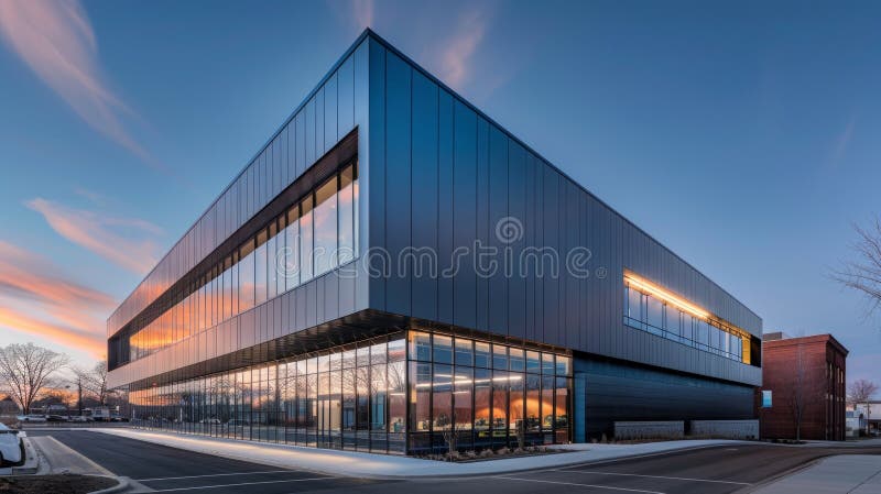 Modern Building in Aluminum Siding and Flat Angled Roofline and Front ...