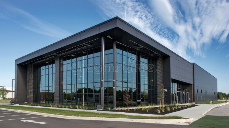 Modern Building in Aluminum Siding and Flat Angled Roofline and Front ...