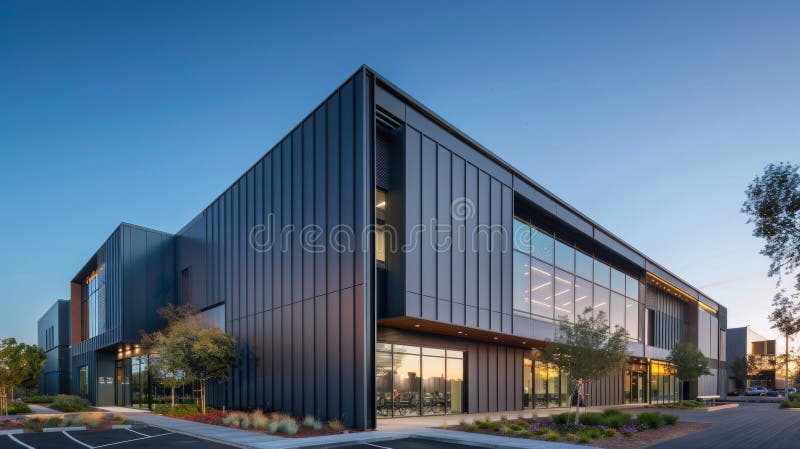 Modern Building in Aluminum Siding and Flat Angled Roofline and Front ...