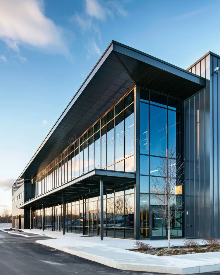 Modern Building in Aluminum Siding and Flat Angled Roofline and Front ...