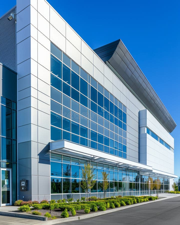 Modern Building in Aluminum Siding and Flat Angled Roofline and Front ...