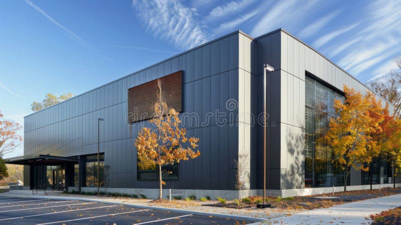 Modern Building in Aluminum Siding and Flat Angled Roofline and Front ...