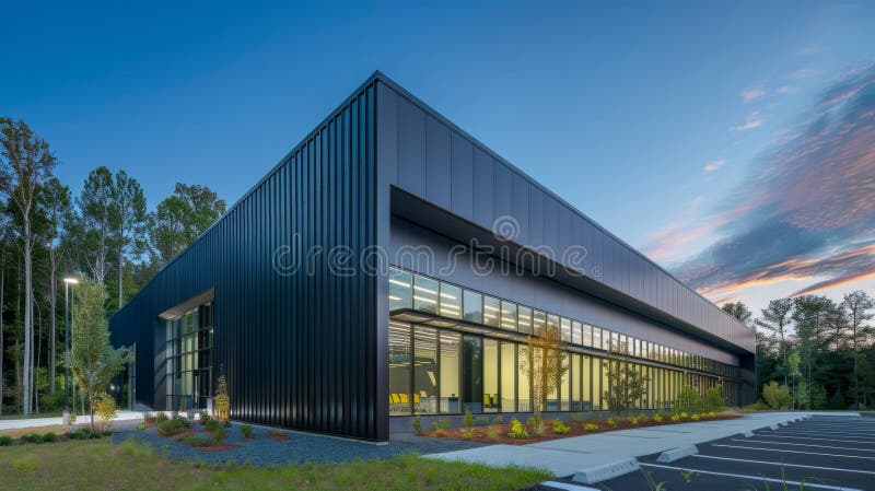 Modern Building in Aluminum Siding and Flat Angled Roofline and Front ...
