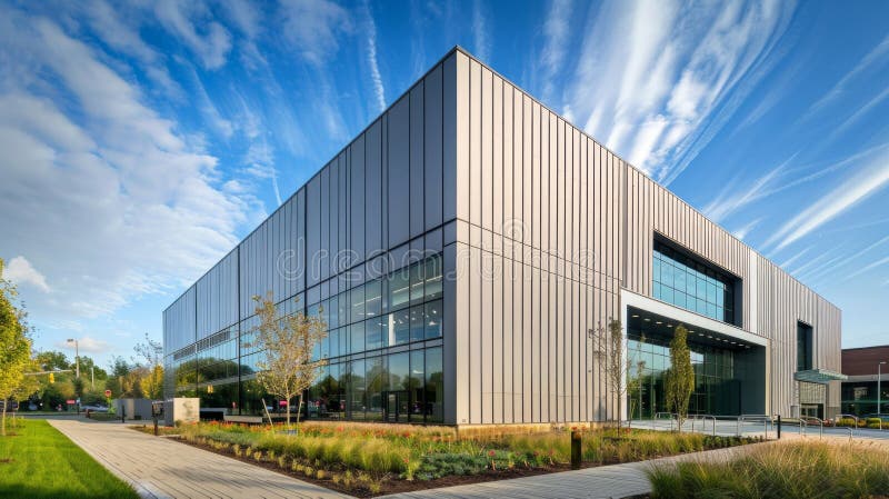 Modern Building in Aluminum Siding and Flat Angled Roofline and Front ...