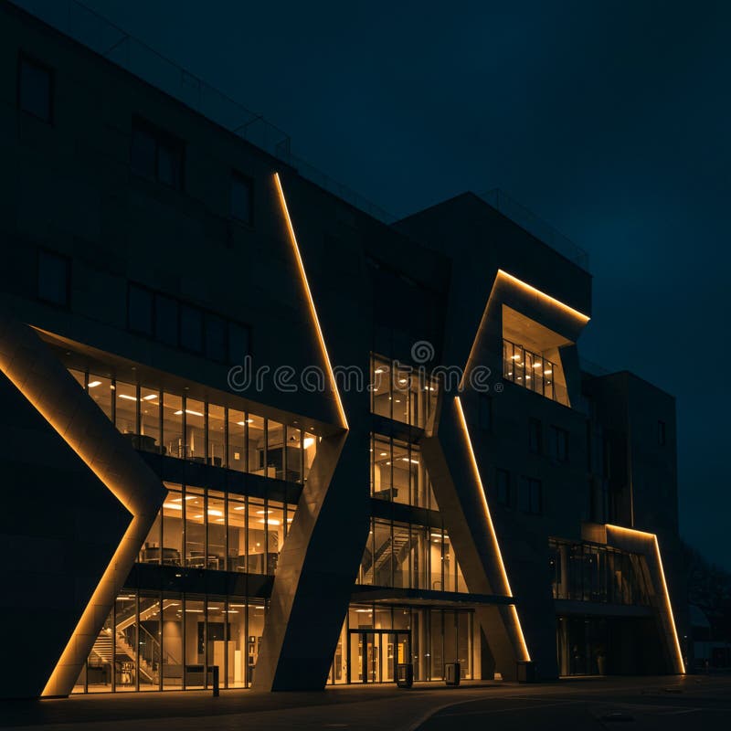 Modern Building with Angular, Geometric Architecture Illuminated at ...