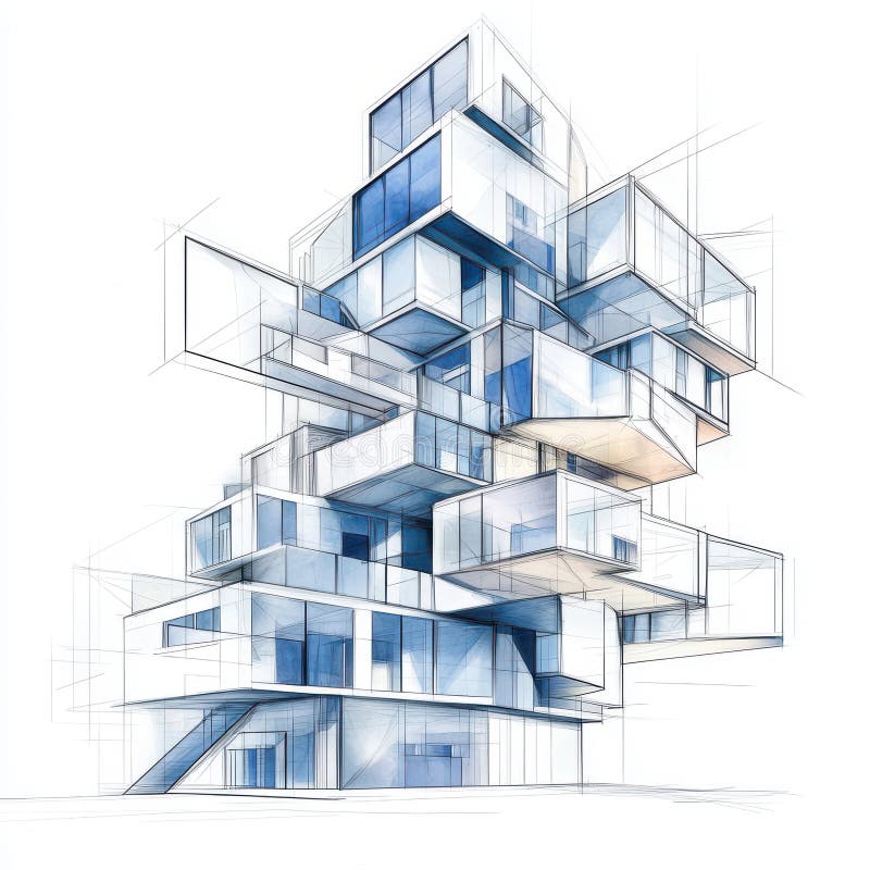 Modern Building Architectural Design Sketch Blue Hues Isolated on a ...
