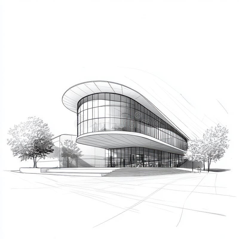 Modern Building Architectural Sketch Design Trees Landscaping Isolated ...