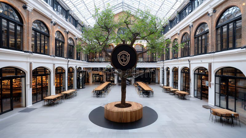 Modern Building Atrium with Central Tree and Wooden Seating Stock ...