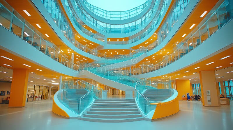Modern Building Atrium Staircase, Vibrant Interior, People Relaxing ...