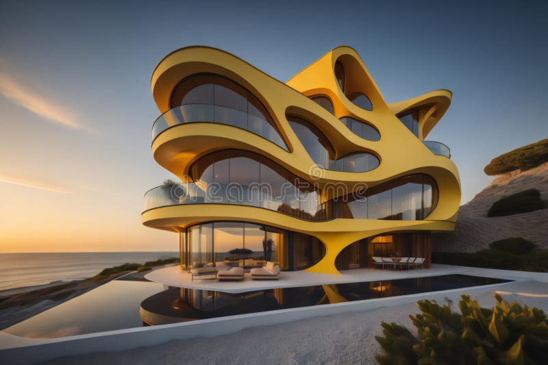 Modern Building on the Beach at Sunset Time. Generative Ai Stock ...
