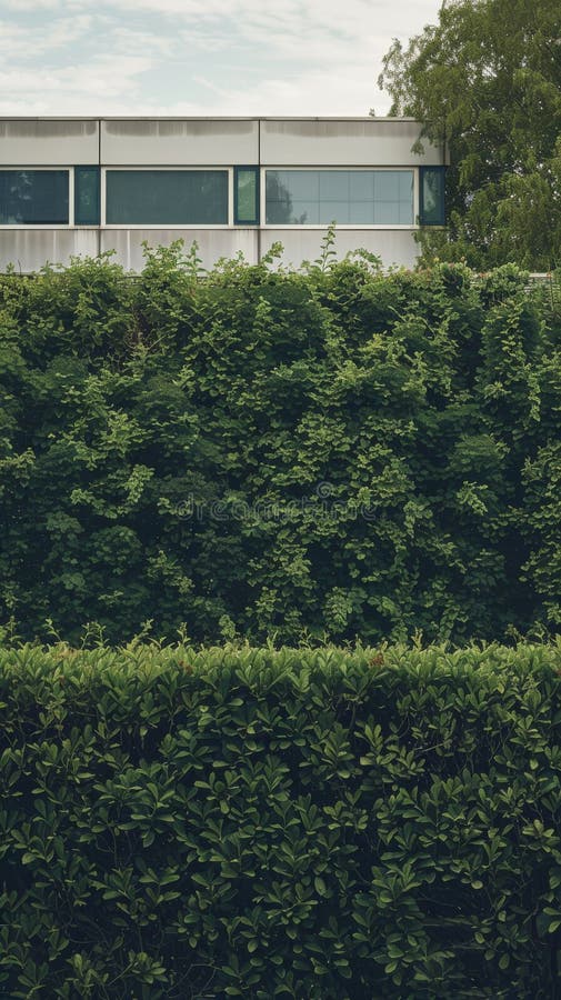 Modern Building Behind Lush Green Hedge and Overgrown Bushes Stock ...