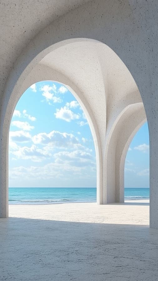 The Modern Building Boasts White Arches, a Serene Sky, and an Ocean ...