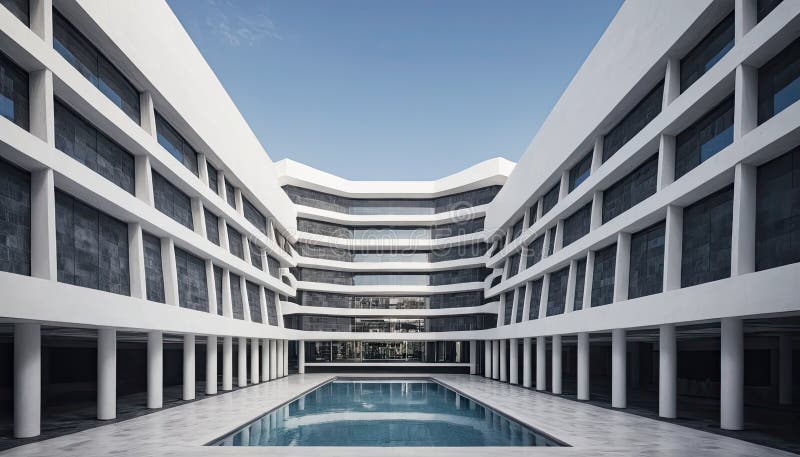 Modern Architectural Design White Building with Courtyard Pool Clean ...