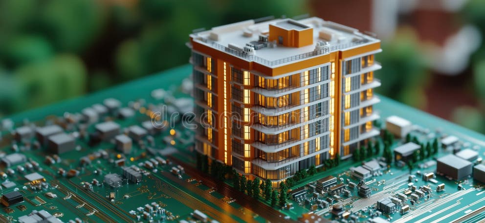 Modern Building on Circuit Board Representing Technology and ...