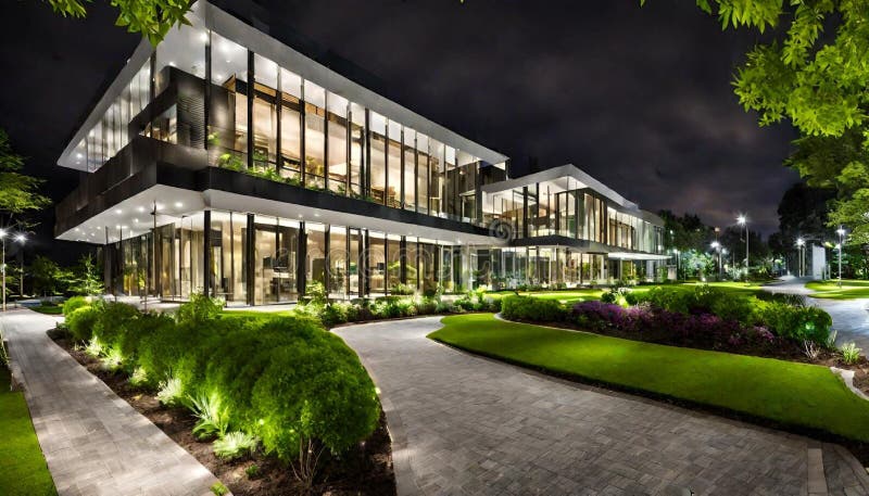 Modern Building in the City at Night and Beautiful Stock Illustration ...