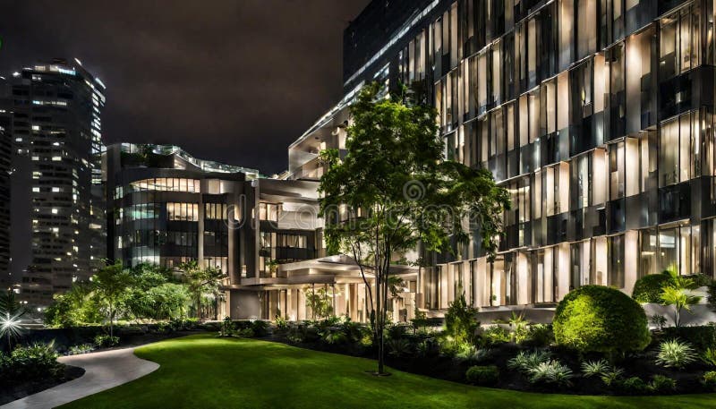 Modern Building in the City at Night and Beautiful Stock Illustration ...