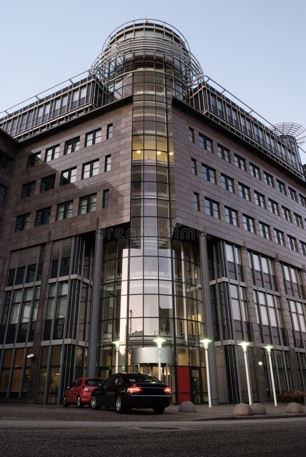 Modern Building with Classical Elements at Dusk Stock Photo - Image of ...