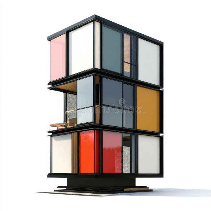 Modern Building with Colorful Panels and a Black Frame on White Space ...
