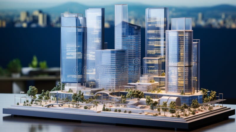 Modern Building Complex Project Miniature on Office Table in ...
