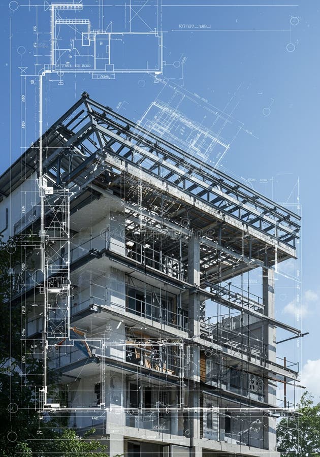 Modern Building Construction with Blueprint Overlay Stock Illustration ...