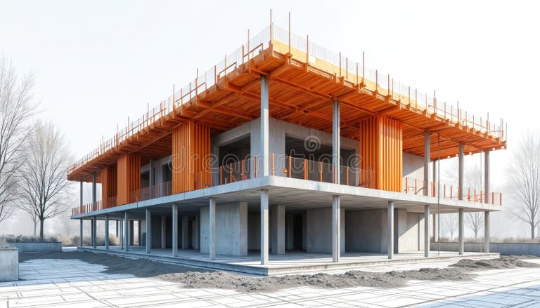 Modern Building Construction Site with Concrete Framework, Orange ...