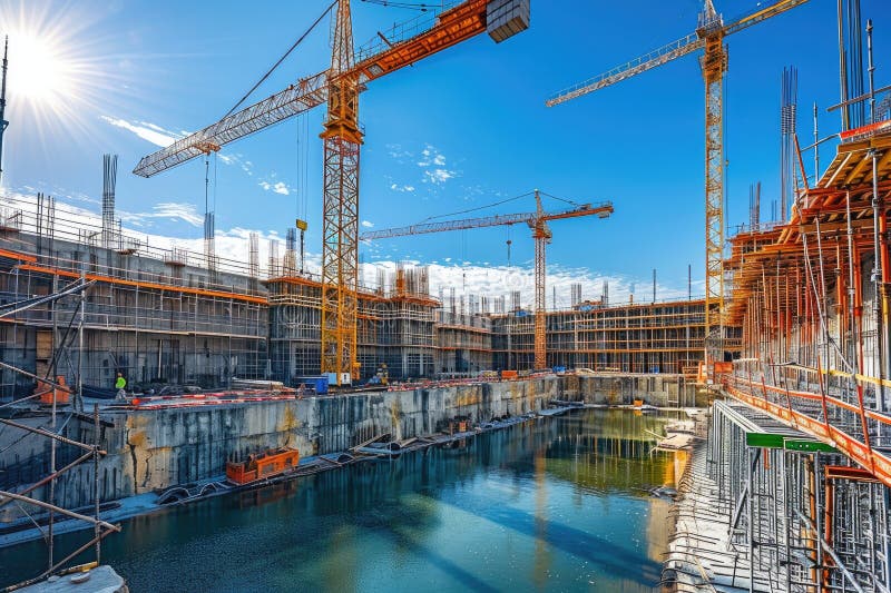 Modern Building Construction Site with Tower Cranes and Concrete Structures Stock Illustration ...