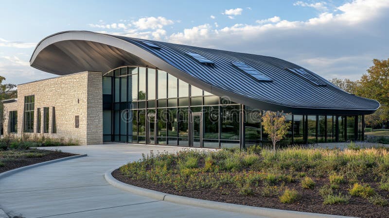Modern Building with Curved Roof and Solar Panels Stock Illustration ...