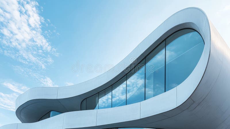 A Modern Building with Curved Windows and a Blue Sky in the Background ...