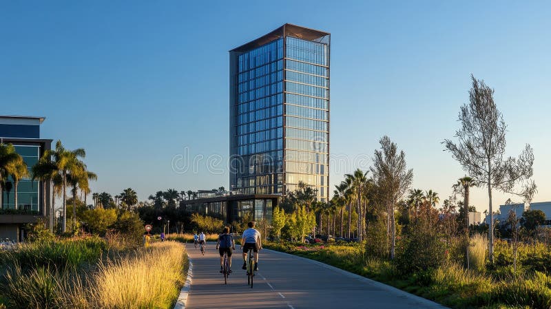 Modern Building with Cyclists on a Path Surrounded by Greenery and Palm ...