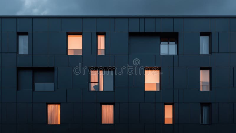 A Modern Building with a Dark Exterior and Orange-lit Windows. Stock ...