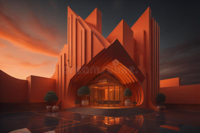 Modern Building in the Desert with Orange Sky Background. Generative Ai ...
